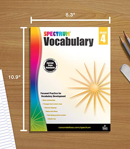 Spectrum Grade 4 Vocabulary Workbook, 4th Grade Vocabulary Covering Word Relationships, Sensory Language, Roots and Affixes, and Reading Comprehension Context Clues, Classroom or Homeschool Curriculum