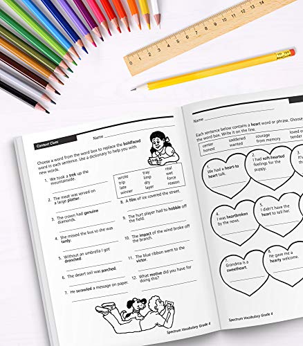 Spectrum Grade 4 Vocabulary Workbook, 4th Grade Vocabulary Covering Word Relationships, Sensory Language, Roots and Affixes, and Reading Comprehension Context Clues, Classroom or Homeschool Curriculum