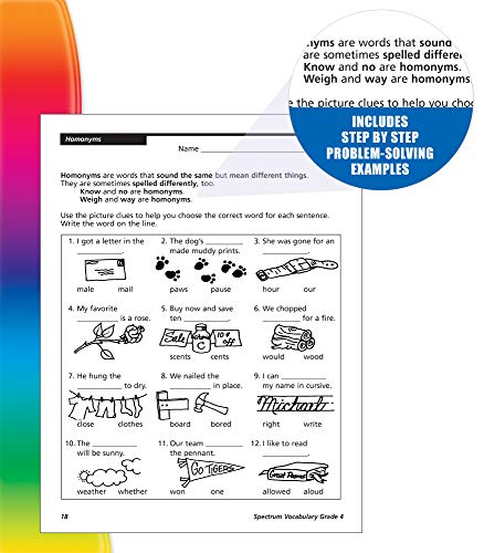 Spectrum Grade 4 Vocabulary Workbook, 4th Grade Vocabulary Covering Word Relationships, Sensory Language, Roots and Affixes, and Reading Comprehension Context Clues, Classroom or Homeschool Curriculum