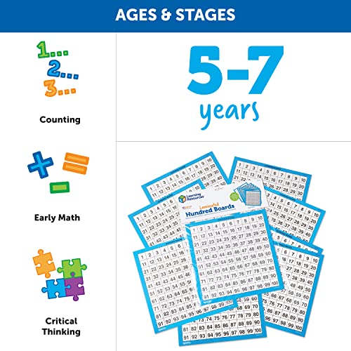 Learning Resources Laminated Hundred Boards, Dry-Erase Counting Aid, Set of 10, Ages 5+, Multicolor, Model:LER0375