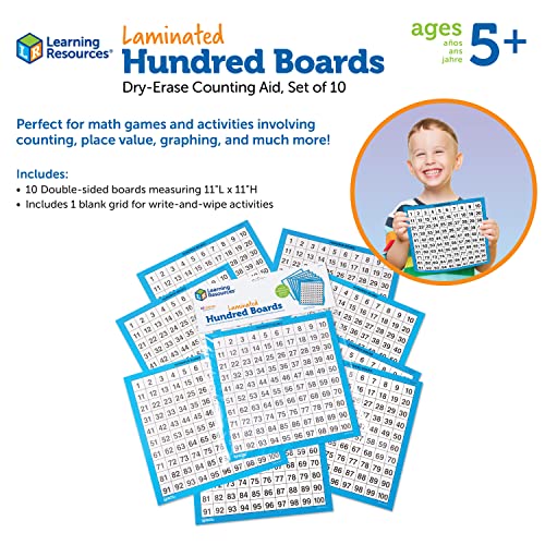 Learning Resources Laminated Hundred Boards, Dry-Erase Counting Aid, Set of 10, Ages 5+, Multicolor, Model:LER0375