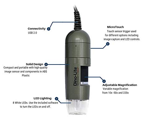 Dino-Lite USB Digital Microscope AM4111T - 1.3MP, 10x - 50x, 220x Optical Magnification, Microtouch