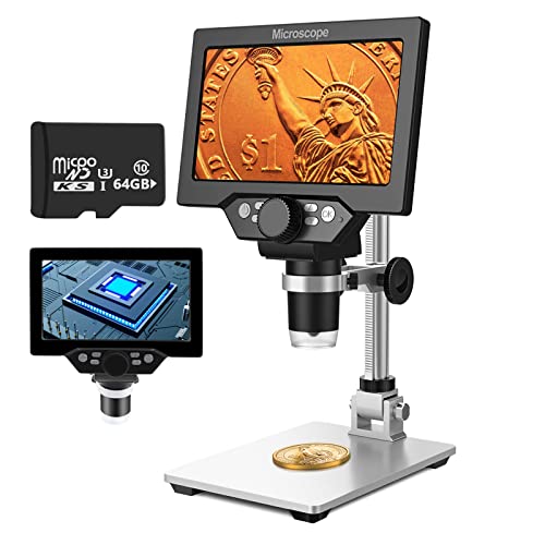 UF-TOOLS 7 Inch LCD Digital Microscope with 64GB TF Card, 1200x Magnification, 12MP Ultra-Precise Focusing Camera 1080P Video Microscope 8 LED Lights for Coin Circuit Board Soldering PC Watch Repair