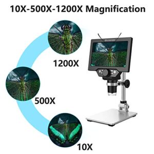 UF-TOOLS 7 Inch LCD Digital Microscope with 64GB TF Card, 1200x Magnification, 12MP Ultra-Precise Focusing Camera 1080P Video Microscope 8 LED Lights for Coin Circuit Board Soldering PC Watch Repair