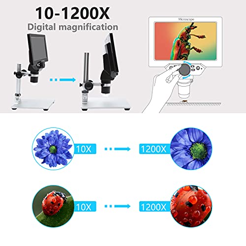 UF-TOOLS 7 Inch LCD Digital Microscope with 64GB TF Card, 1200x Magnification, 12MP Ultra-Precise Focusing Camera 1080P Video Microscope 8 LED Lights for Coin Circuit Board Soldering PC Watch Repair