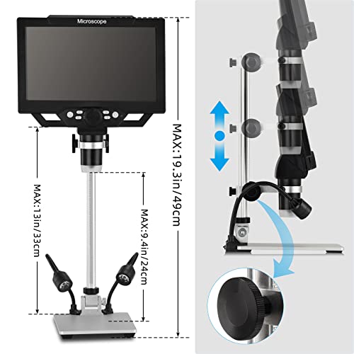 Koolertron 9 inch LCD Digital Microscope with 32G TF Card,12MP 1600X Magnification 1080P USB Microscope,5000mAh Battery,10 inch Stand with Side Light Coin Microscope for Plant/Rock/Circuit Board/Coin