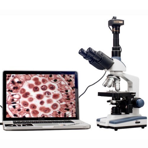 AmScope T120B-M Digital Professional Siedentopf Trinocular Compound Microscope, 40X-2000X Magnification, WF10x and WF20x Eyepieces, Brightfield, LED Illumination, Abbe Condenser with Iris Diaphragm, Double-Layer Mechanical Stage, 100-240VAC, Includes 1.3M