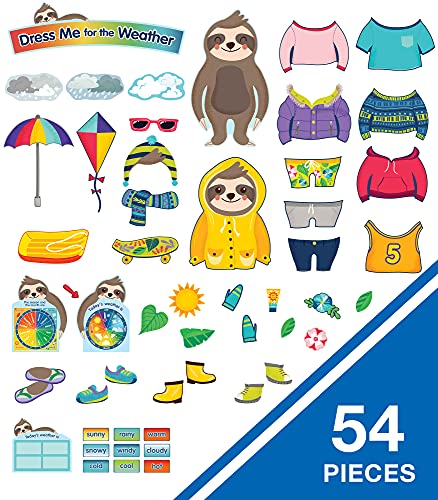 Carson Dellosa 1 World Sloth Weather Bulletin Board Set Seasons & Weather Charts,Seasonal Accents & Articles of Clothing to Dress Sloth for the Weather,Homeschool or Classroom Décor(54 pc)(Pack of 2)