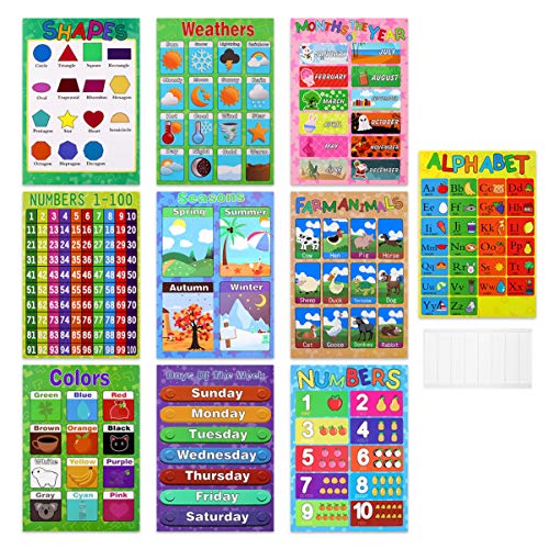 STOBOK Educational Preschool Posters for Kindergarten Classrooms,Includes Alphabet Letters,Colors,Numbers,Days of The Week,Farm Animals,Seasons,Weathers,Months,Shapes,10 Pieces