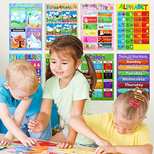 STOBOK Educational Preschool Posters for Kindergarten Classrooms,Includes Alphabet Letters,Colors,Numbers,Days of The Week,Farm Animals,Seasons,Weathers,Months,Shapes,10 Pieces