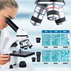 BNISE 100x-2000x Biological Microscopes, for Kids Students Adults, Microscope with Microscope Slides Set, Phone Adapter, Powerful Biological Microscopes for School Laboratory Home Science Education