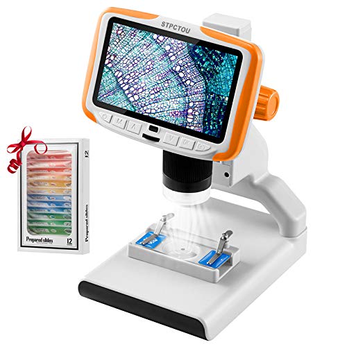 STPCTOU LCD Digital Microscope USB Coin Microscopes 5 Inch FHD 1080P Screen 200X Magnification Zoom Camera Video Recorder for Adults Kids Stamps Plants Soldering with Base Light Sample Slides