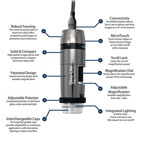 Dino-Lite HDMI Digital Microscope AM5218MZT- 720p, 20x - 220x Optical Magnification, Polarized Light