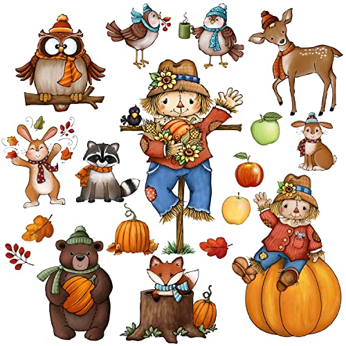 Quera 36Pcs Thanksgiving Bulletin Board Décor Cut-Outs Autumn Fall Classroom Decorations Scarecrow Forest Animals Bulletin Board Cutouts with Glue Point Dots Maple Leaves Crows Pumpkin Corns Acorns