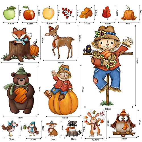 Quera 36Pcs Thanksgiving Bulletin Board Décor Cut-Outs Autumn Fall Classroom Decorations Scarecrow Forest Animals Bulletin Board Cutouts with Glue Point Dots Maple Leaves Crows Pumpkin Corns Acorns