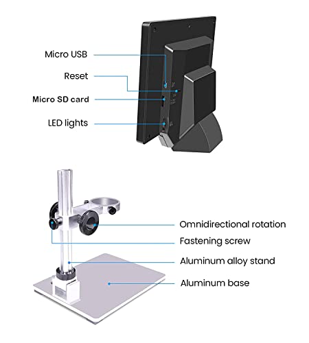 7''LCD Digital Microscope,1200X 12MP 1080P Photo/Video Zoom Microscope for Adults Soldering Coins,Metal Stand,8 LED Lights,PC View,Windows/Mac Compatible