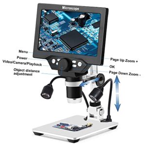 7''LCD Digital Microscope,1200X 12MP 1080P Photo/Video Zoom Microscope for Adults Soldering Coins,Metal Stand,8 LED Lights,PC View,Windows/Mac Compatible