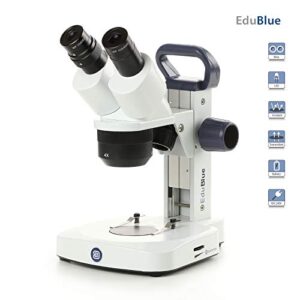 EduBlue Binocular Stereo Microscope 1x/2x/4x revolving Objective, 10x/20x/40x Magnification, Rack and Pinion Stand, Incident and transmitted LED Cordless Illumination