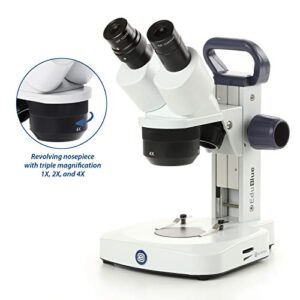 EduBlue Binocular Stereo Microscope 1x/2x/4x revolving Objective, 10x/20x/40x Magnification, Rack and Pinion Stand, Incident and transmitted LED Cordless Illumination