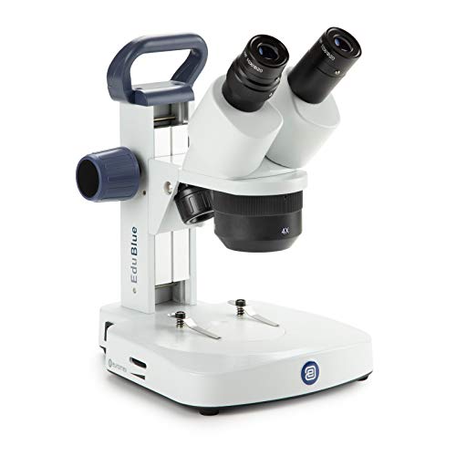 EduBlue Binocular Stereo Microscope 1x/2x/4x revolving Objective, 10x/20x/40x Magnification, Rack and Pinion Stand, Incident and transmitted LED Cordless Illumination