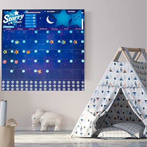 My Starry Chart - Kids Chore Chart Calendar Board for Behavior, Reward, Responsibility, Incentive & Routine at Home - Homeschool Planner Supplies with Dry Erase Reusable Stickers - Preschool Learning