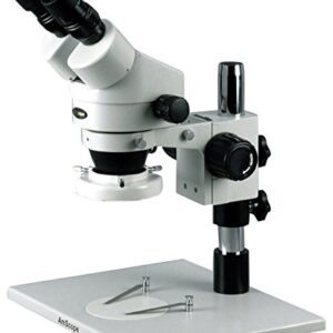 AmScope SM-1BZ-FRL Professional Binocular Stereo Zoom Microscope, WH10x Eyepieces, 3.5x-90x Magnification, 0.7X-4.5X Zoom Objective, Fluorescent Ring Light, Large Table Pillar Stand, 110V-240V, Includes 0.5x and 2.0x Barlow Lenses