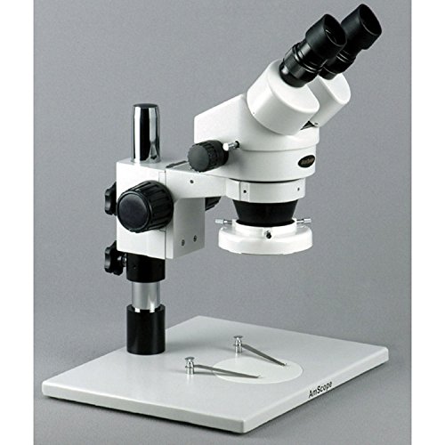 AmScope SM-1BZ-FRL Professional Binocular Stereo Zoom Microscope, WH10x Eyepieces, 3.5x-90x Magnification, 0.7X-4.5X Zoom Objective, Fluorescent Ring Light, Large Table Pillar Stand, 110V-240V, Includes 0.5x and 2.0x Barlow Lenses