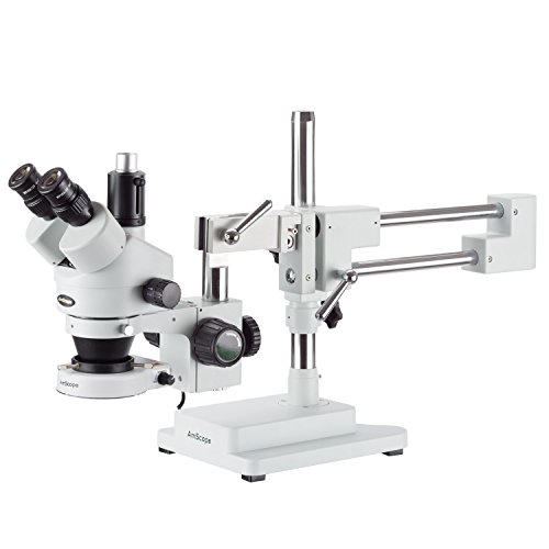 AmScope SM-4TZ-80S Professional Trinocular Stereo Zoom Microscope, WH10x Eyepieces, 3.5X-90X Magnification, 0.7X-4.5X Zoom Objective, 80-Bulb LED Ring Light, Double-Arm Boom Stand, Includes 0.5X and 2.0X Barlow Lens