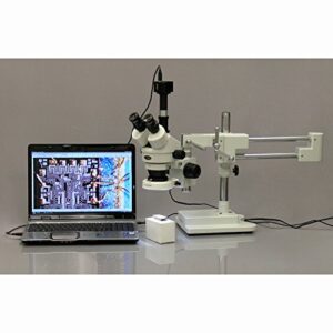 AmScope SM-4TZ-80S Professional Trinocular Stereo Zoom Microscope, WH10x Eyepieces, 3.5X-90X Magnification, 0.7X-4.5X Zoom Objective, 80-Bulb LED Ring Light, Double-Arm Boom Stand, Includes 0.5X and 2.0X Barlow Lens