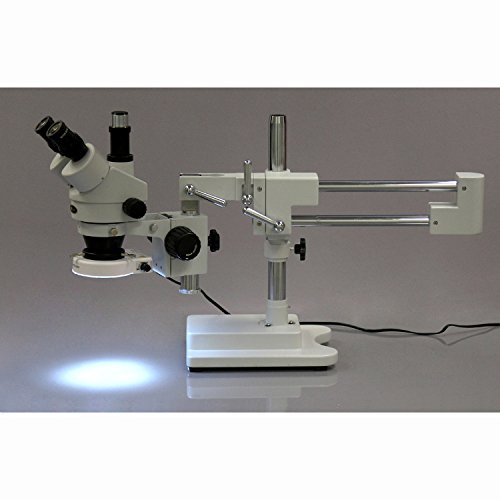 AmScope SM-4TZ-80S Professional Trinocular Stereo Zoom Microscope, WH10x Eyepieces, 3.5X-90X Magnification, 0.7X-4.5X Zoom Objective, 80-Bulb LED Ring Light, Double-Arm Boom Stand, Includes 0.5X and 2.0X Barlow Lens