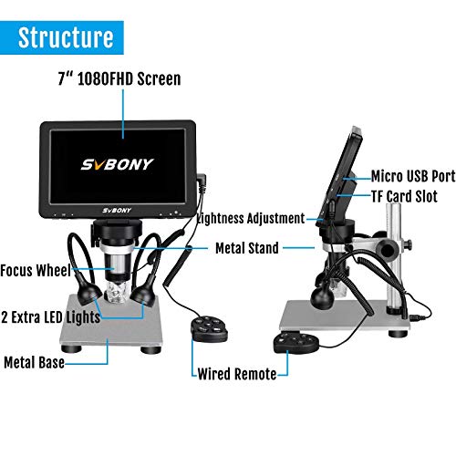 SVBONY SV604 7 Inch LCD Digital Microscope 1200X for Adults, Coin Microscope 1080FHD Video 12MP Camera, Electronic Microscope for Soldering, Wired Remote, Compatible with Windows and Mac OS