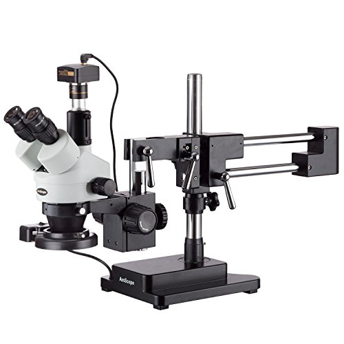 AmScope SM-4TZ-FRL-MB Digital Professional Trinocular Stereo Zoom Microscope, WH10x Eyepieces, 3.5X-90X Magnification, 0.7X-4.5X Zoom Objective, 8W Fluorescent Ring Light, Double-Arm Boom Stand, 110V-120V, Includes 0.5X and 2.0X Barlow Lenses and 1.3MP Ca