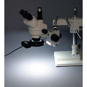 AmScope SM-4TZ-FRL-MB Digital Professional Trinocular Stereo Zoom Microscope, WH10x Eyepieces, 3.5X-90X Magnification, 0.7X-4.5X Zoom Objective, 8W Fluorescent Ring Light, Double-Arm Boom Stand, 110V-120V, Includes 0.5X and 2.0X Barlow Lenses and 1.3MP Ca