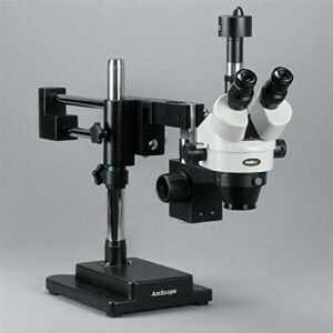 AmScope SM-4TZ-FRL-MB Digital Professional Trinocular Stereo Zoom Microscope, WH10x Eyepieces, 3.5X-90X Magnification, 0.7X-4.5X Zoom Objective, 8W Fluorescent Ring Light, Double-Arm Boom Stand, 110V-120V, Includes 0.5X and 2.0X Barlow Lenses and 1.3MP Ca