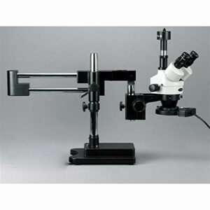 AmScope SM-4TZ-FRL-MB Digital Professional Trinocular Stereo Zoom Microscope, WH10x Eyepieces, 3.5X-90X Magnification, 0.7X-4.5X Zoom Objective, 8W Fluorescent Ring Light, Double-Arm Boom Stand, 110V-120V, Includes 0.5X and 2.0X Barlow Lenses and 1.3MP Ca