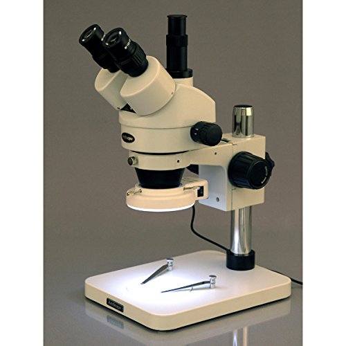 AmScope SM-1TSZ-144S-5M Digital Professional Trinocular Stereo Zoom Microscope, WH10x Eyepieces, 3.5X-90X Magnification, 0.7X-4.5X Zoom Objective, 144-Bulb LED Ring Light, Pillar Stand, 110V-240V, Includes 0.5X and 2.0X Barlow Lenses and 5MP Camera with R