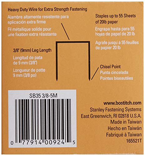 Bostitch Heavy Duty Premium Staples, 25-55 Sheets, 0.375 Inch Leg, 5,000 Per Box (SB353/8-5M)