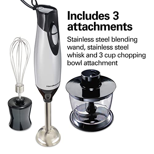 Hamilton Beach 4-in-1 Electric Immersion Hand Blender with Handheld Blending Stick, Whisk + 3-Cup Food & Vegetable Chopper Bowl, 2-Speeds, 225 Watts, Silver and Stainless Steel (59765)