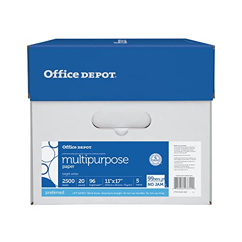 Office Depot Extra Bright Copy Paper, 11in. x 17in., 20 Lb., 90 Brightness, Case Of 5 Reams