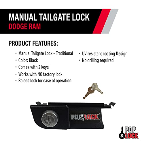 Pop & Lock – Manual Tailgate Lock for Dodge Ram 1500, 2500, and 3500, Fits 2002 to 2008 (Chrome, PL3400C, Works with No Factory Lock)