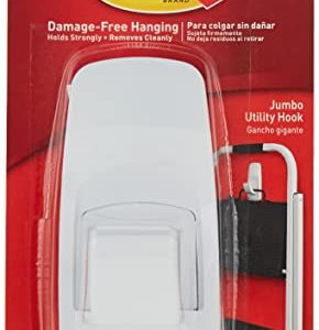 Command Jumbo Utility Hooks, Damage Free Hanging Wall Hooks with Adhesive Strips, No Tools Wall Hooks for Hanging Decorations in Living Spaces, 1 White Hook and 4 Command Strips