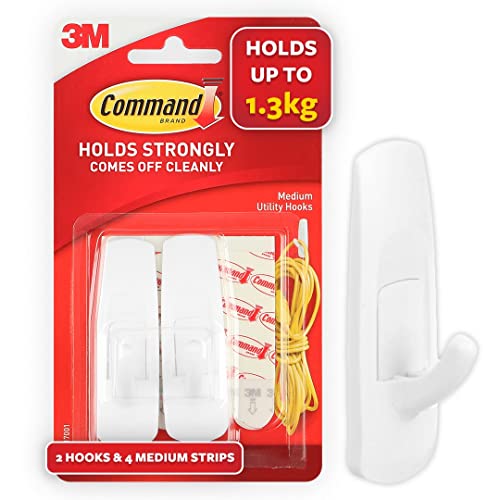 Command Medium Utility Hooks, Damage Free Hanging Wall Hooks with Adhesive Strips, No Tools Wall Hooks for Hanging Christmas Organizers, 2 White Hooks and 4 Command Strips