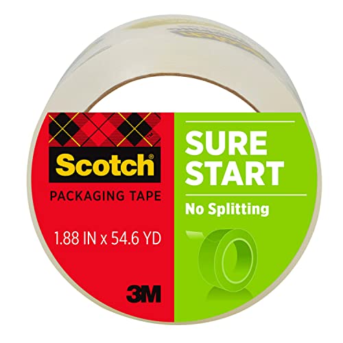 Scotch Sure Start Packaging Tape, 1.88" x 54.6 yd, Designed for Packing, Shipping and Mailing, Quiet Unwind, No Splitting or Tearing, 3" Core, Clear, 1 Roll (345)