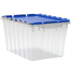 akro-mils 66486 12-gallon plastic stackable storage keepbox tote container with attached hinged lid, 21-1/2-inch x 15-inch x 12-1/2-inch, clear/blue