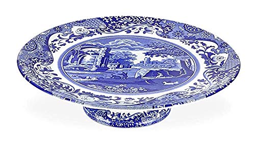 Spode Blue Italian Collection Cake Stand, 10.5-Inch, Blue, Footed Cake Plate, Cake Tray, Cupcake Stand for Parties, Dessert Serving Dish, Dishwasher Safe