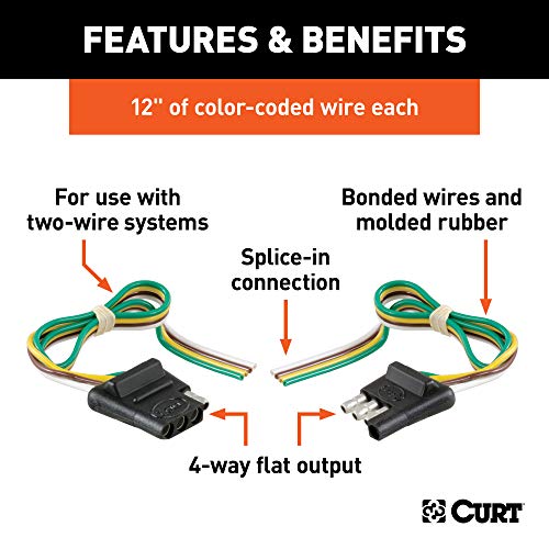 CURT 58304 4-Pin Flat Wiring Harness, 12-Inch Vehicle-Side and Trailer-Side Wires