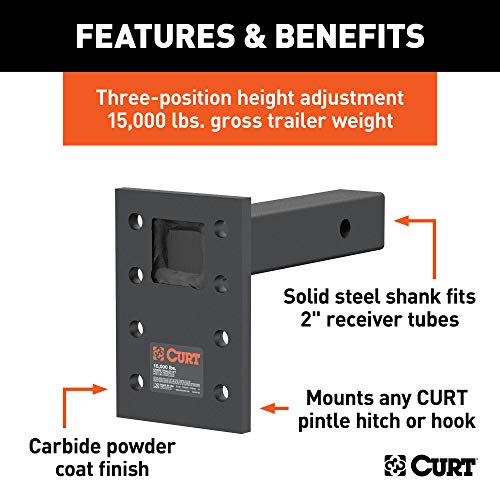 CURT 48325 Adjustable Pintle Mount for 2-Inch Hitch Receiver, 15,000 lbs, 6-1/2-Inch Drop, 8-Inch Length