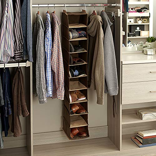 Household Essentials 66032 Hanging Shoe Storage Organizer for Closets with 10 Pocket, Coffee Linen, Brown