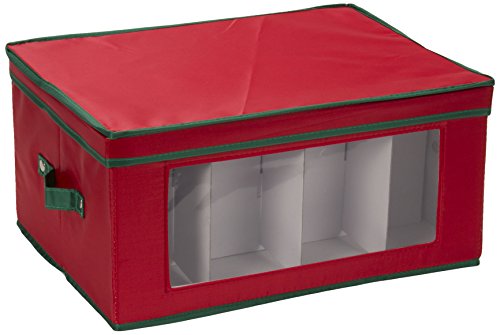 Household Essentials 542RED Holiday China Storage Chest with Lid and Handles | Balloon Goblet Wine Glasses | Red Canvas with Green Trim, Red & Green