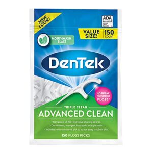 dentek triple clean advanced clean floss picks, no break & no shred floss, 150 count